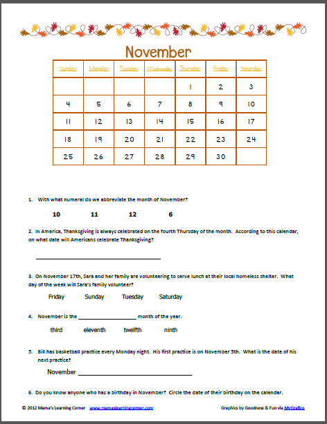 November Calendar Worksheet - Mamas Learning Corner