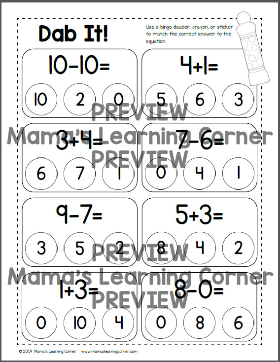 Dab It! Addition and Subtraction Worksheets - Mamas Learning Corner