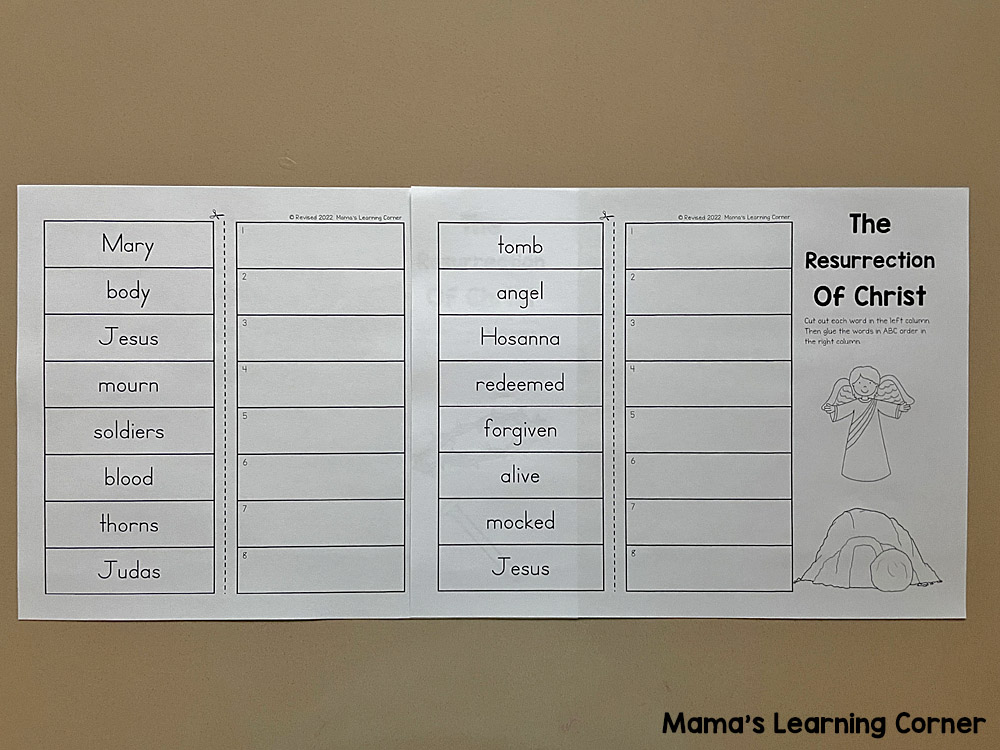 ABC Order Worksheet: The Resurrection of Christ - Mamas Learning Corner