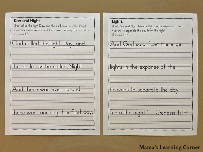 7 Days of Creation Copywork in Print and Cursive - Mamas Learning Corner